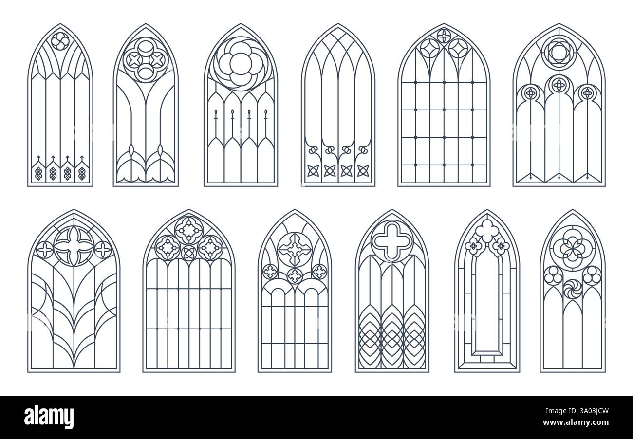 Medieval catholic arch and gothic church windows. Vector set of ...