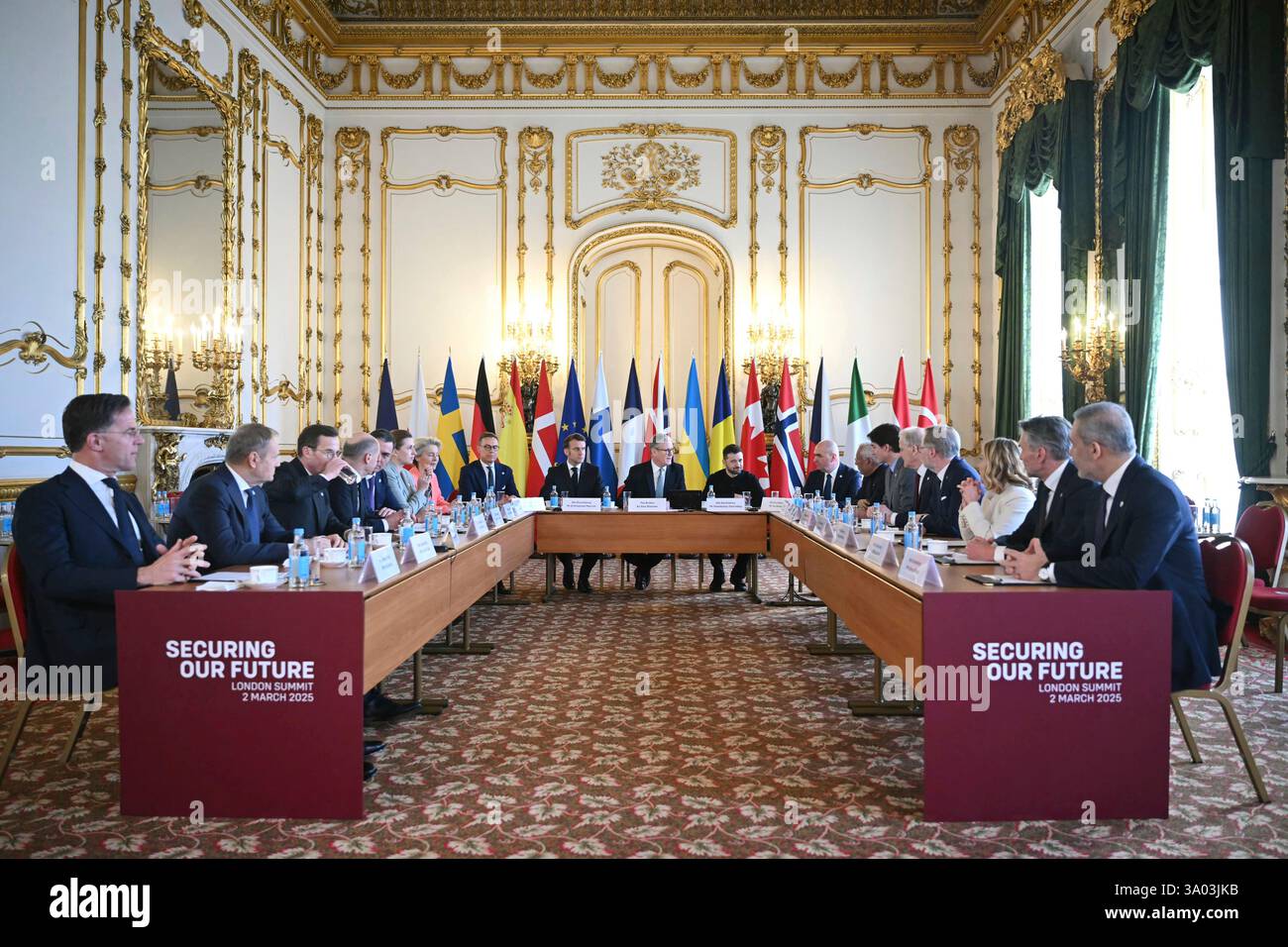 Britain's Prime Minister Keir Starmer, center, hosts the European leaders' summit to discuss ...
