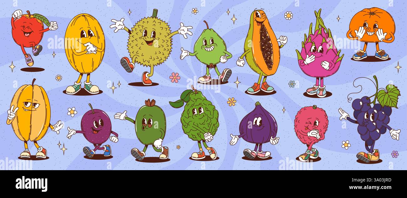 Cartoon retro groovy tropical fruit characters with funny faces and ...