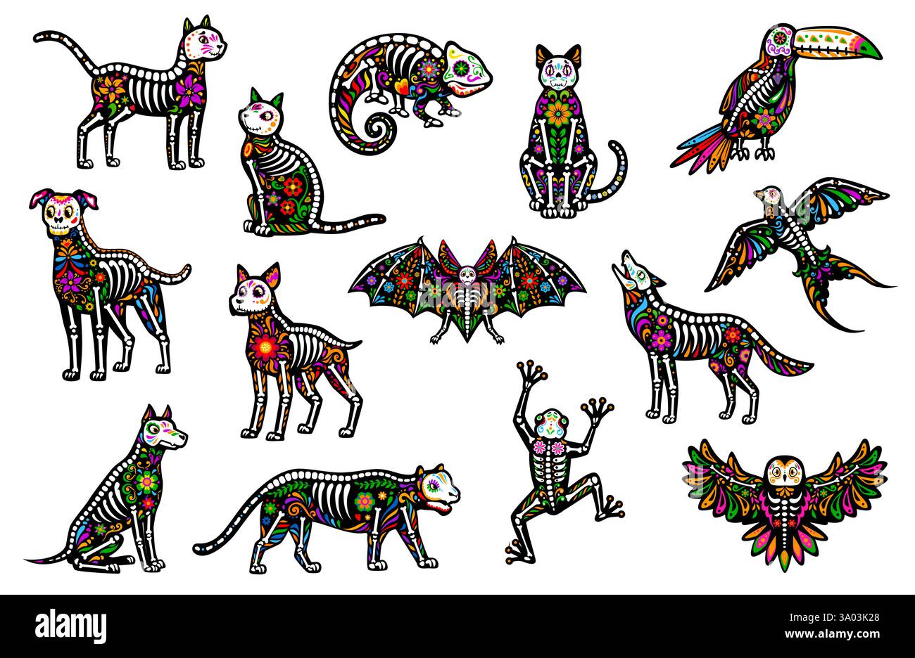 Mexican animal Day of the Dead tattoo, Dia de los Muertos skeletons ...