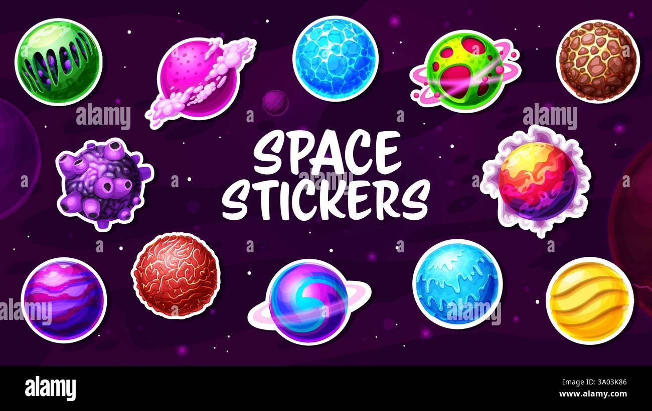 Alien space planets stickers pack. Cartoon vector patches of vibrant fantasy galaxy planets ...