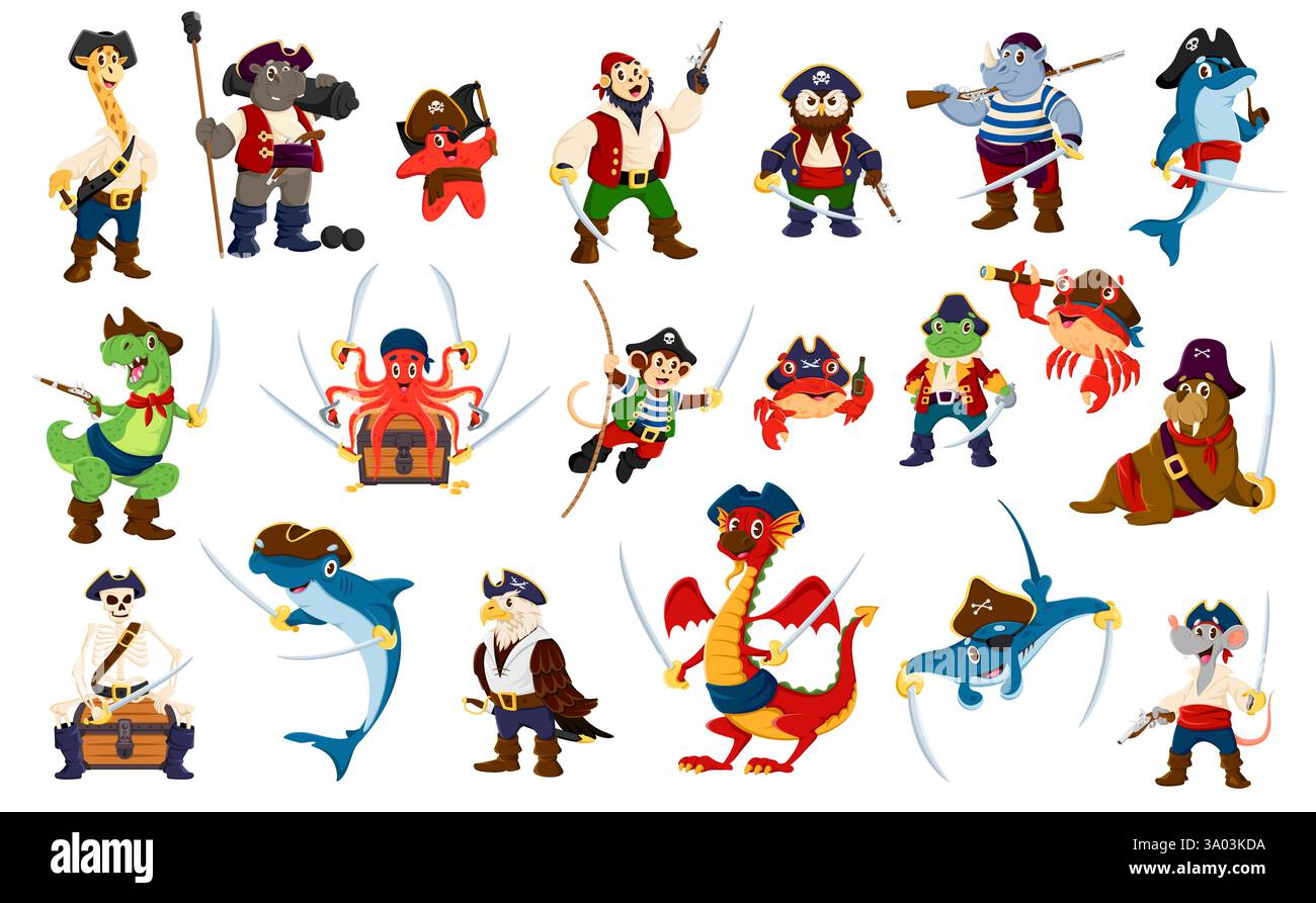 Cartoon animal pirate and corsair characters with sea captain hats ...
