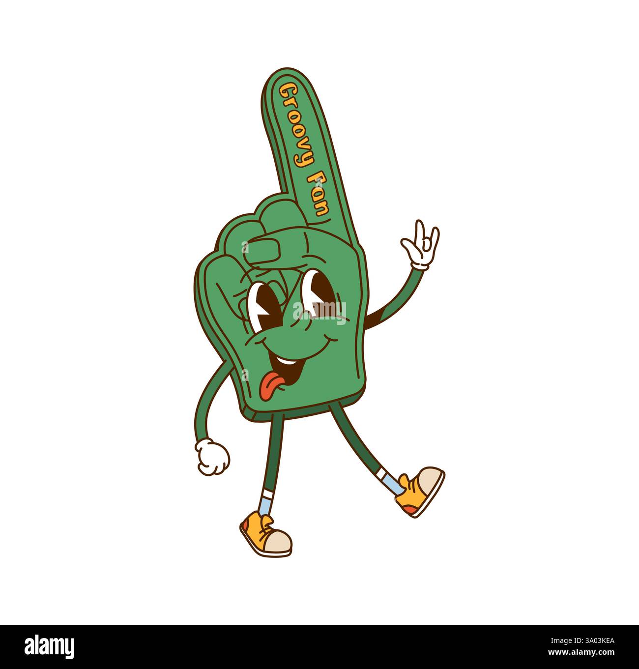 Cartoon retro groovy fan glove sport character. Vector green foam ...