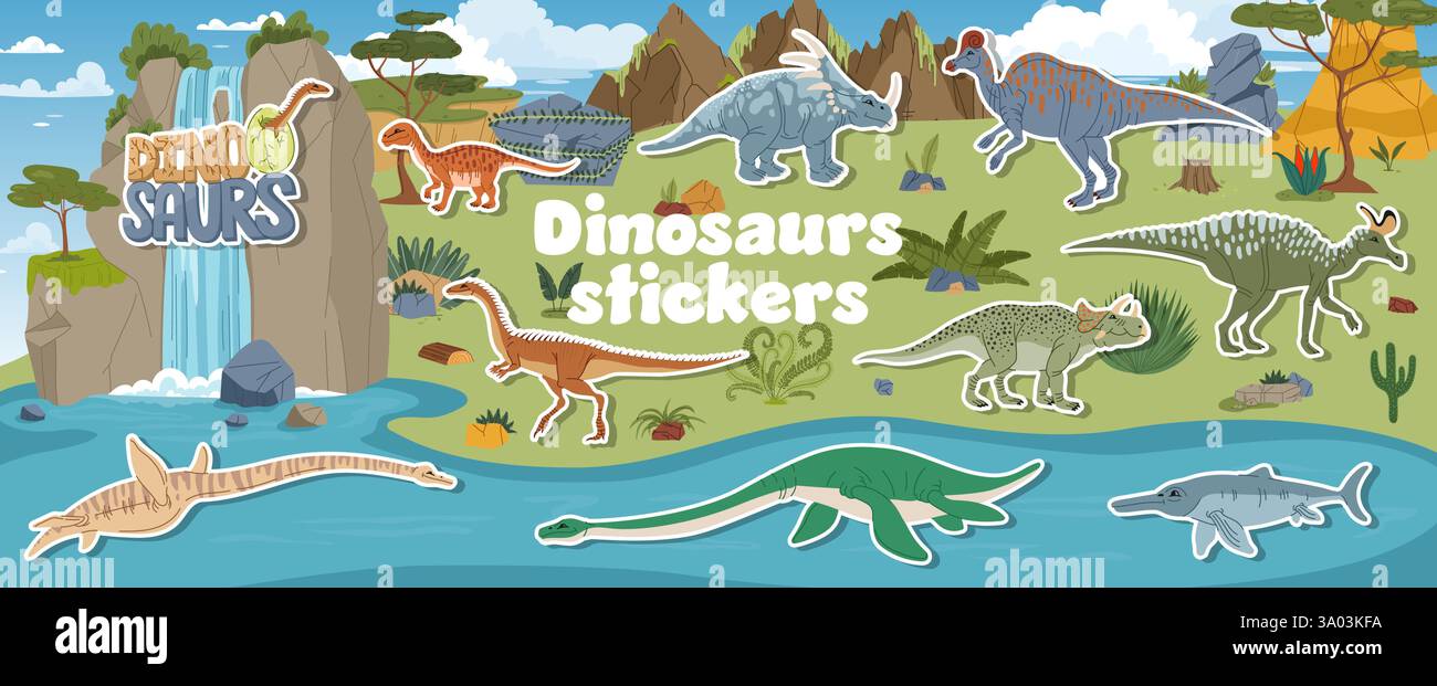 Prehistoric era reptile and dinosaur characters stickers pack. Vector ...