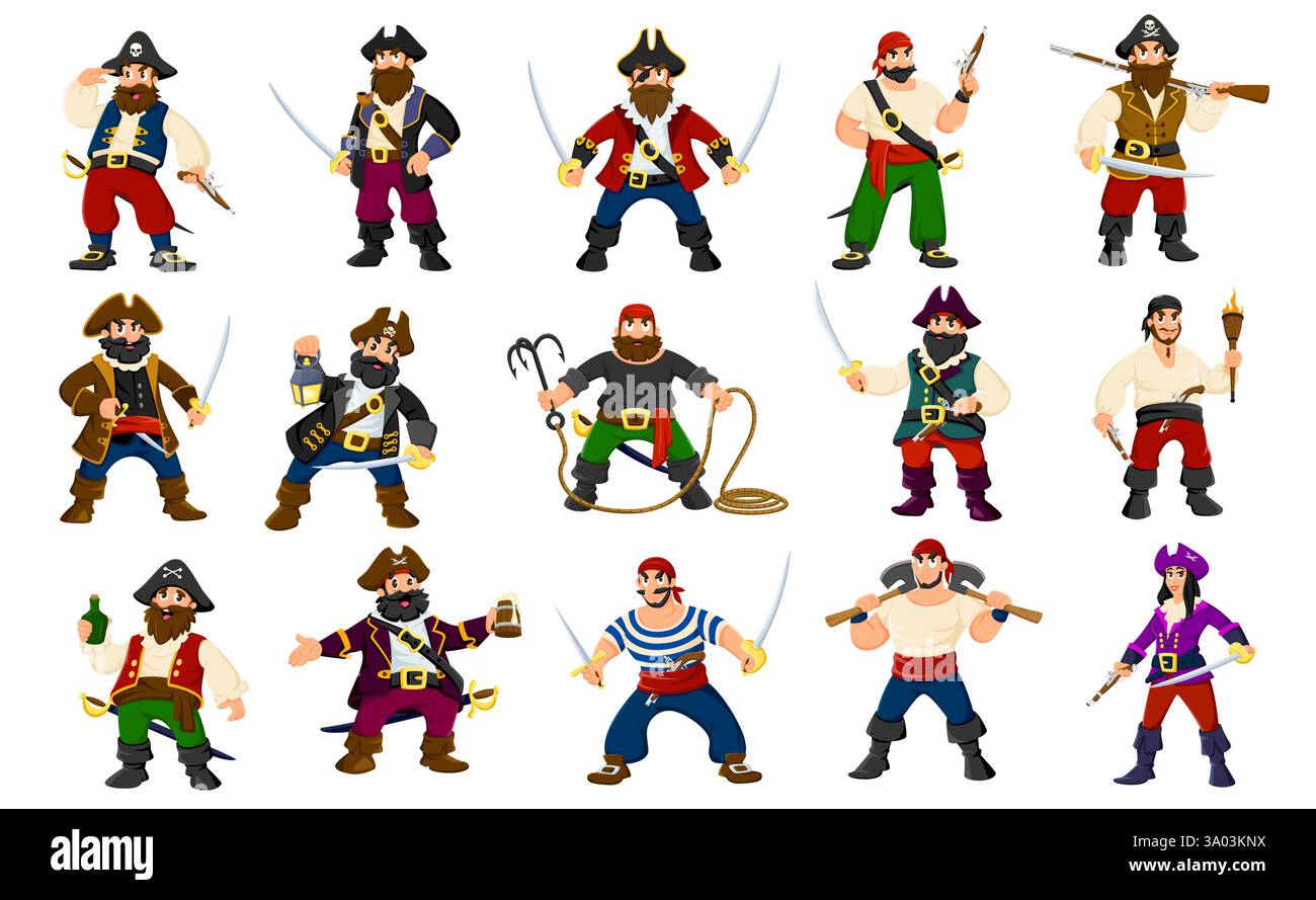Cartoon pirate and corsair characters with black hats, patches, guns, hook and sabers. Funny ...