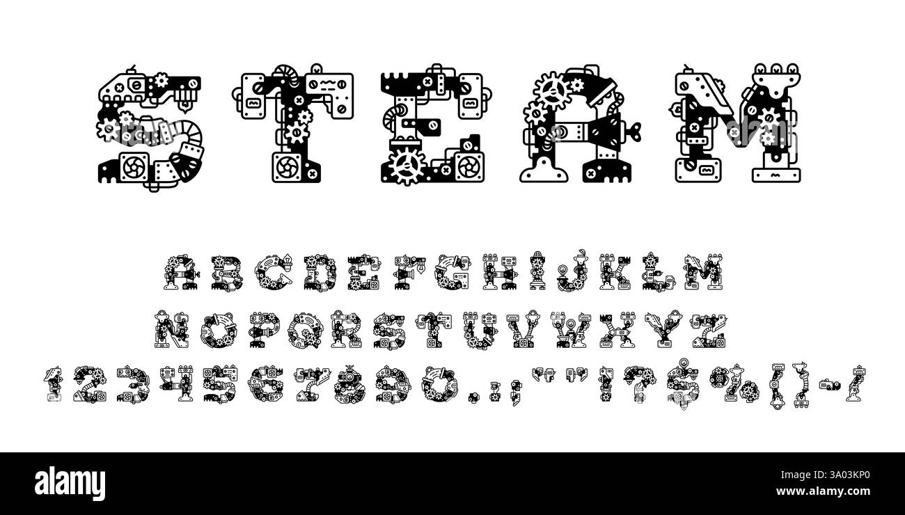 Steampunk font, mechanic type, machine gear typeface, english alphabet ...