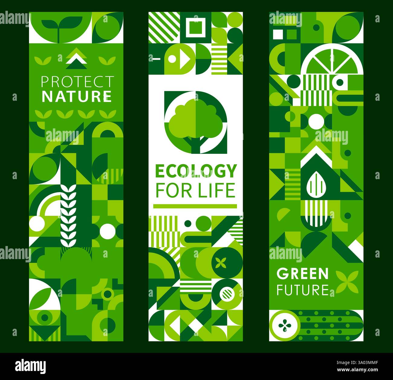 Save nature environment banners with green geometric shapes. Ecological ...