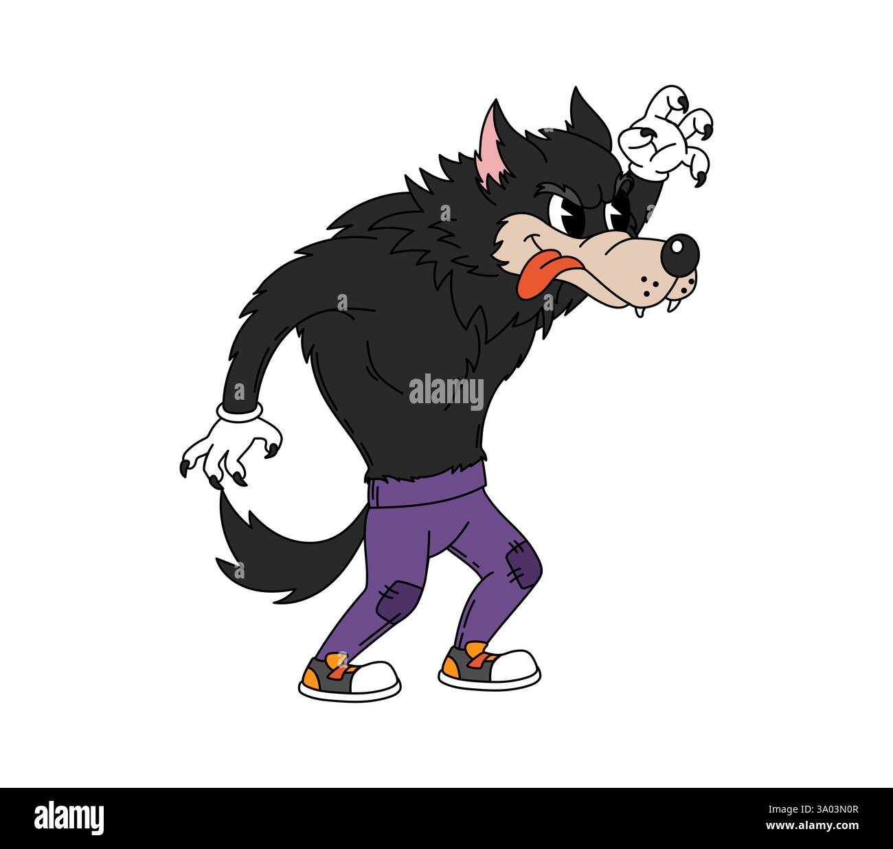Cartoon groovy Halloween werewolf character in purple pants and hippie ...