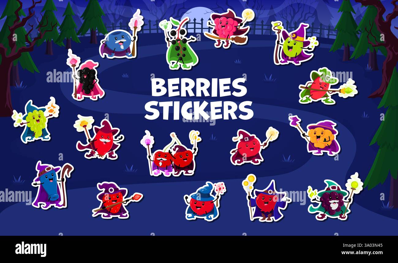 Halloween mage and witch berry characters stickers pack. Cartoon fruits ...