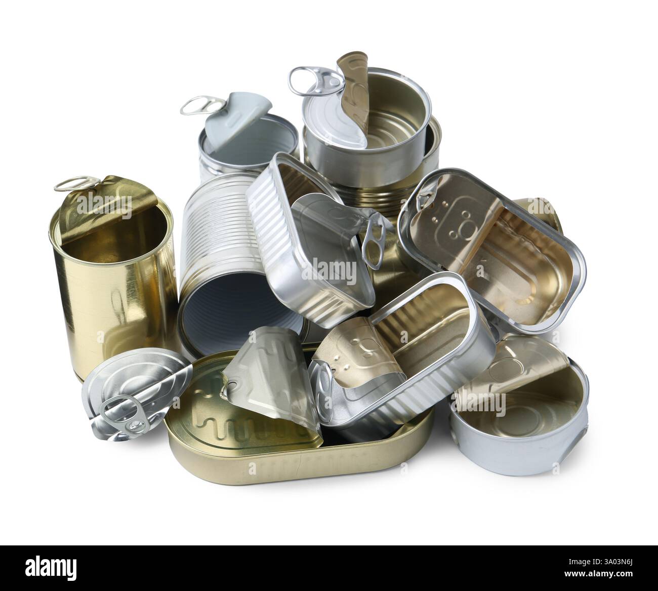 Many open tin cans isolated on white Stock Photo - Alamy