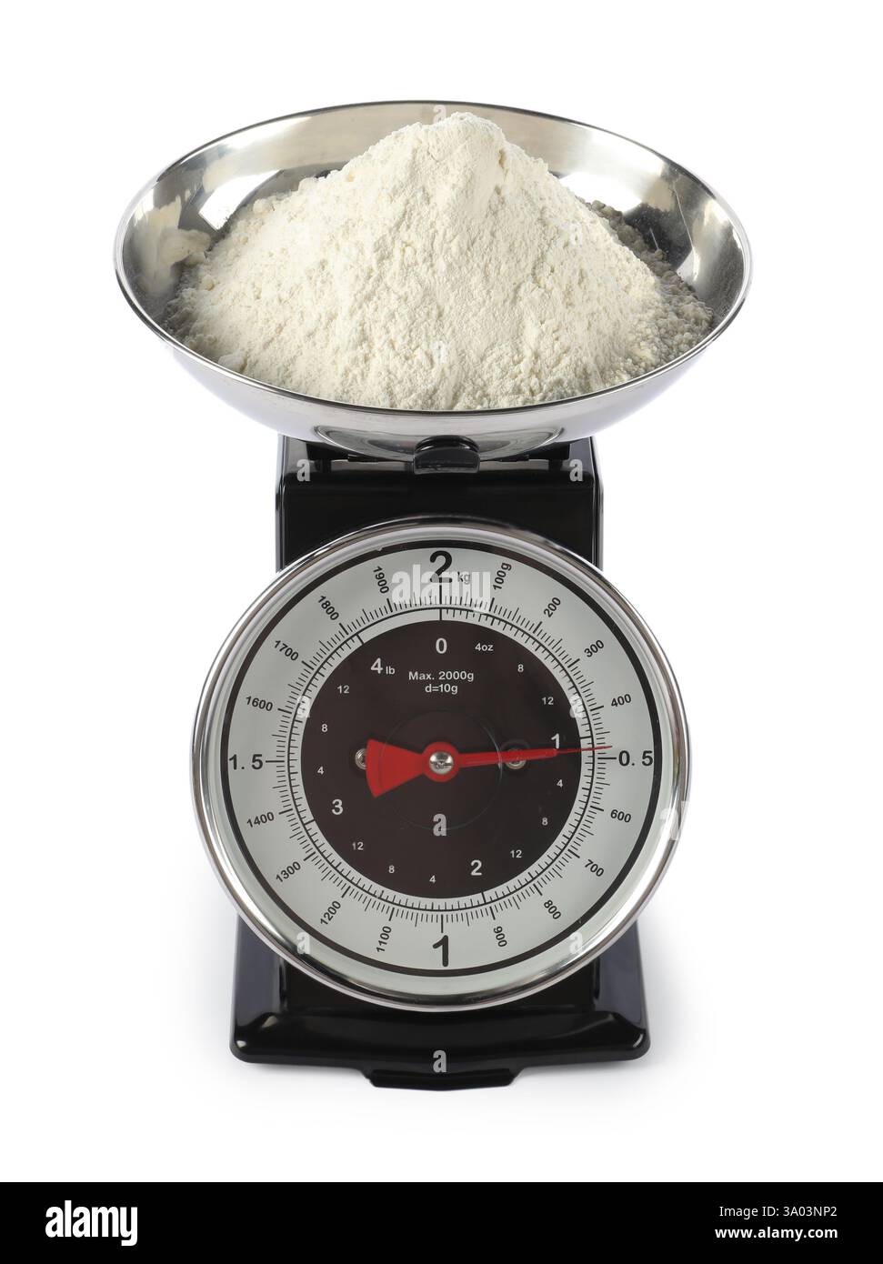 Retro mechanical kitchen scale with flour isolated on white Stock Photo ...