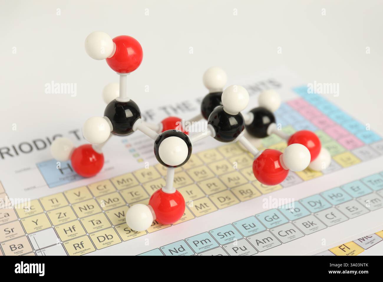 Molecule of glucose on periodic table, closeup. Chemical model Stock ...
