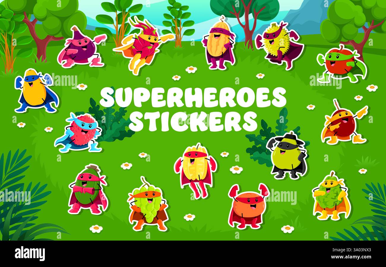 Cartoon superhero tropical fruit characters stickers pack, vector comic ...