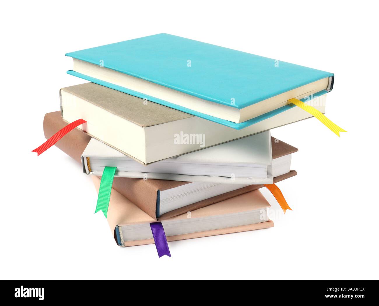 Books with ribbon bookmarks isolated on white Stock Photo - Alamy