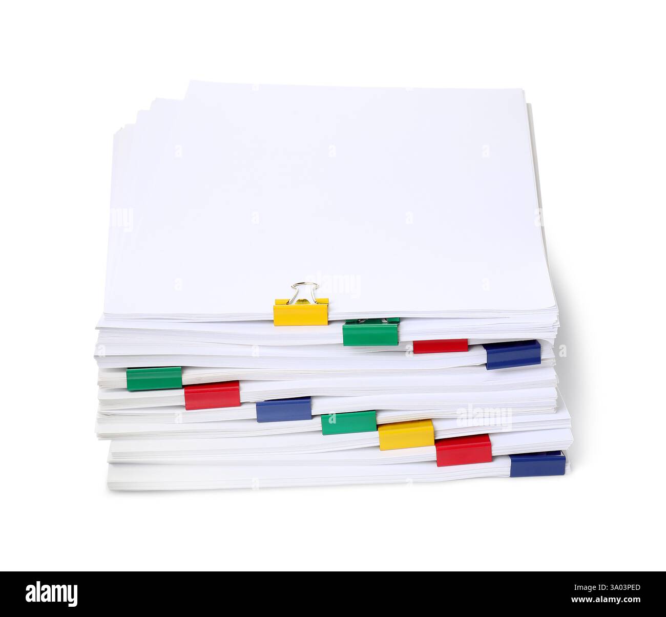Colorful binder clips with sheets of paper isolated on white Stock ...