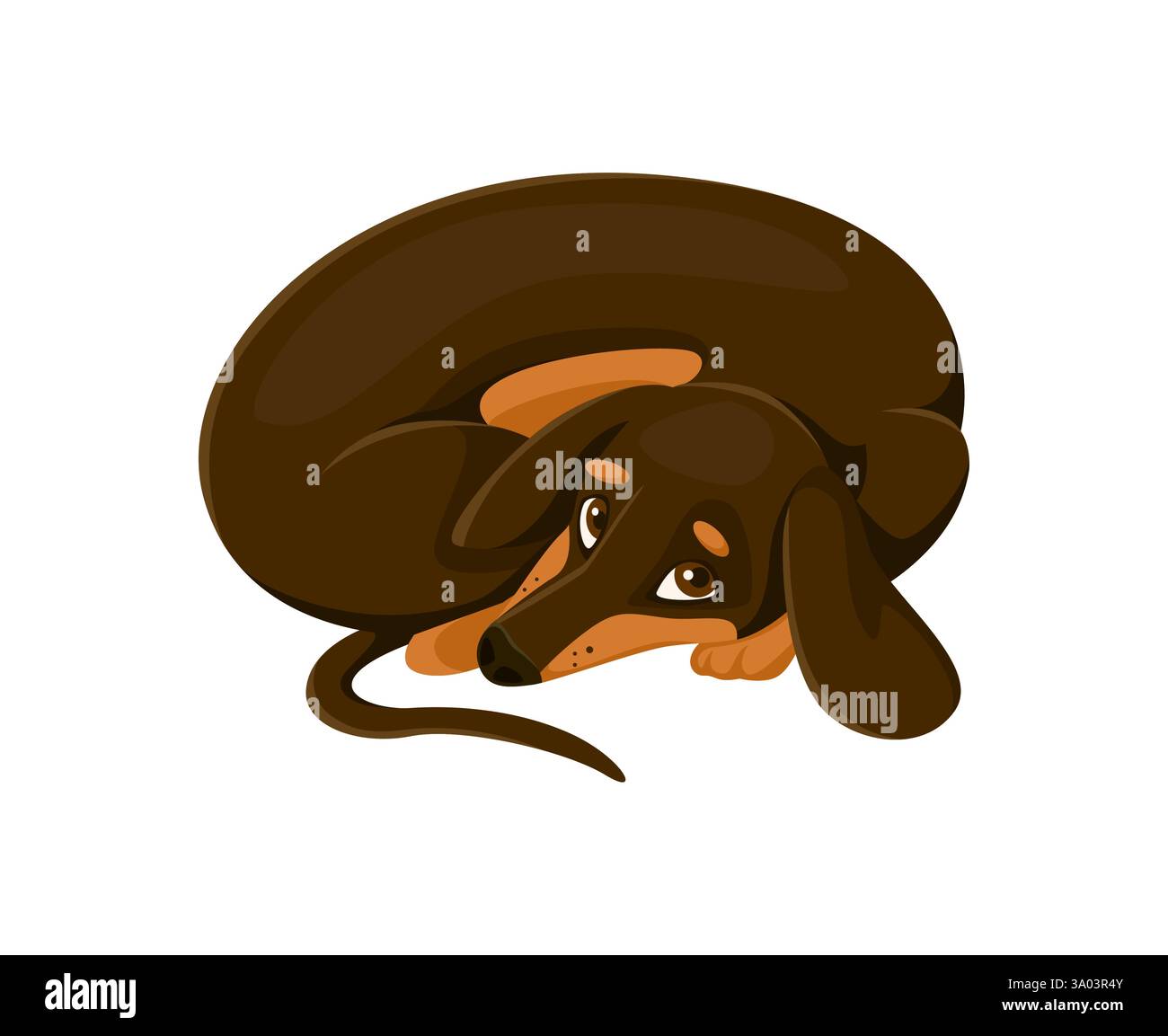 Cartoon dachshund dog and puppy character curled up with a sad ...