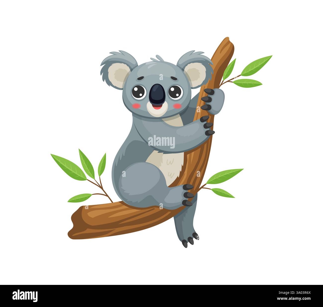 Cartoon funny bear character clinging to an eucalyptus tree branch with ...