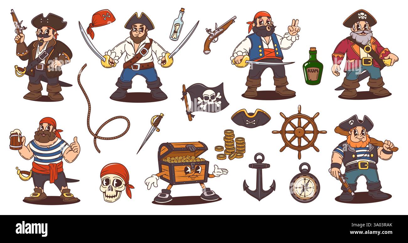 Cartoon groovy pirate captain, corsairs and sailors characters with ...