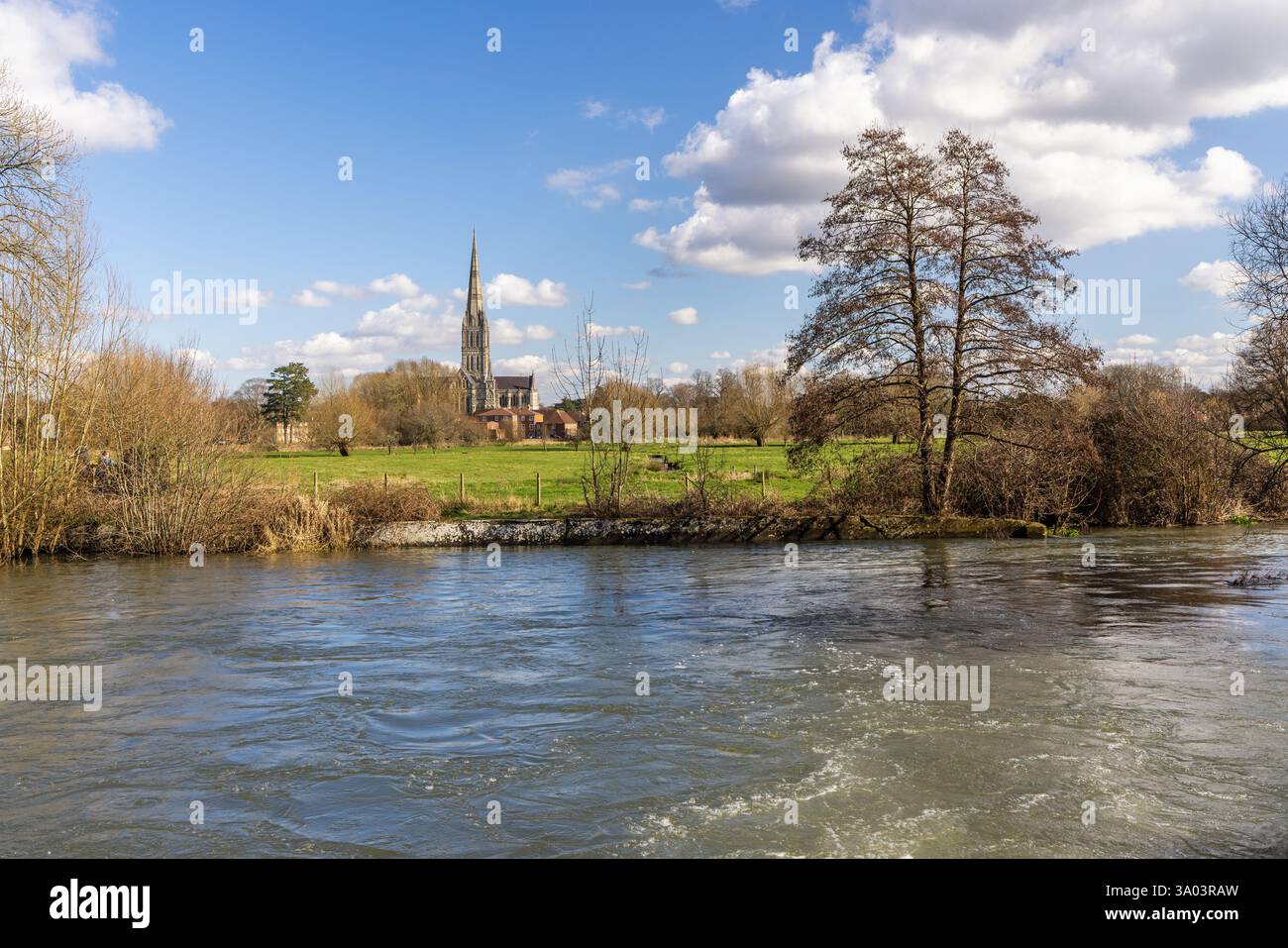 View of Salisbury Cathedral from Harnham weir bridge, Harnham Water ...