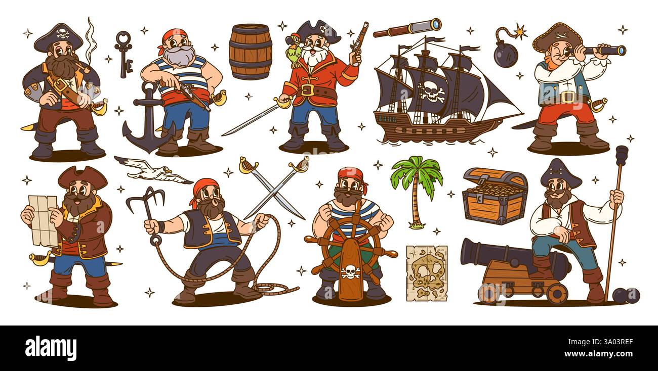Retro groovy pirate corsair characters set with cartoon sea ship ...