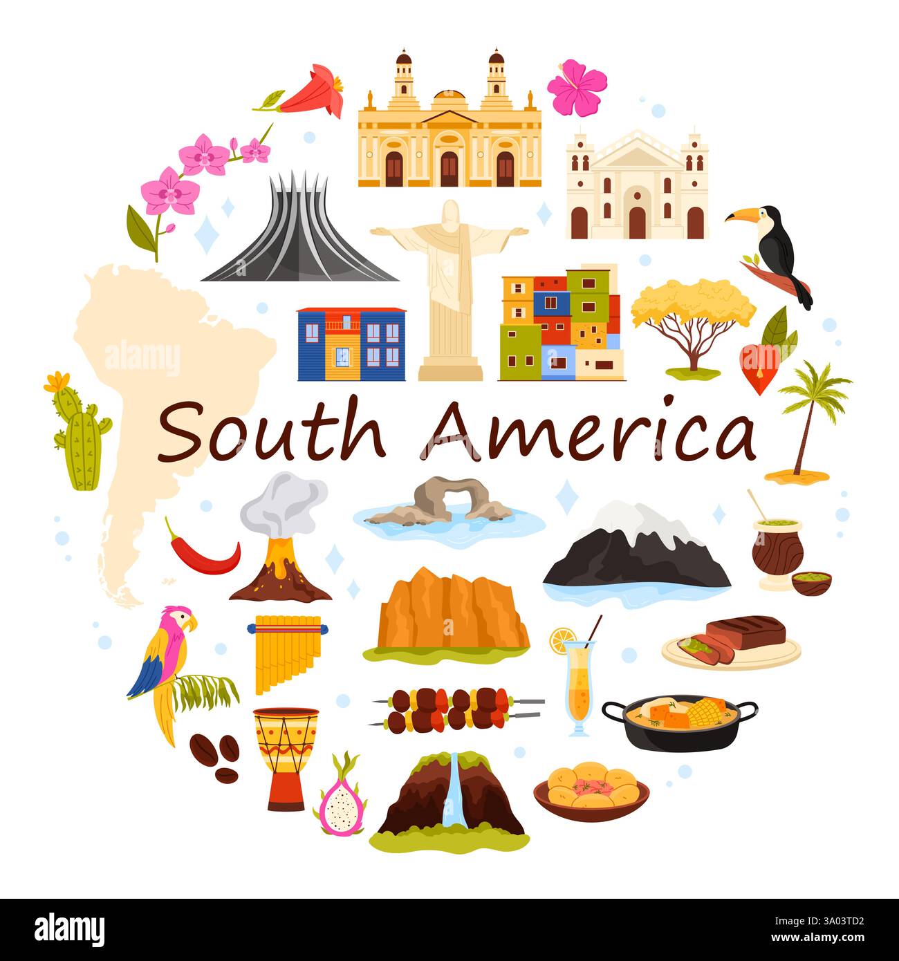 Map of continent, waterfall and volcano, Brasilia Cathedral and Church ...