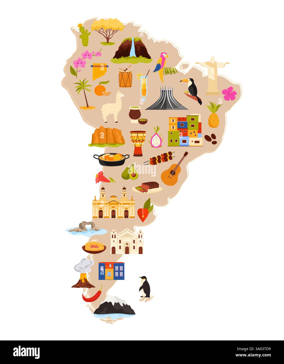 A vibrant, cartoon-style map of South America features regional food ...
