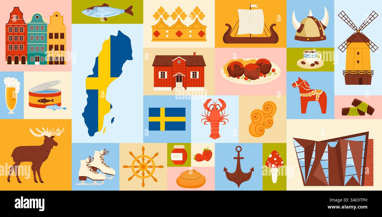 A detailed collage capturing Sweden culture, landmarks, and traditions ...