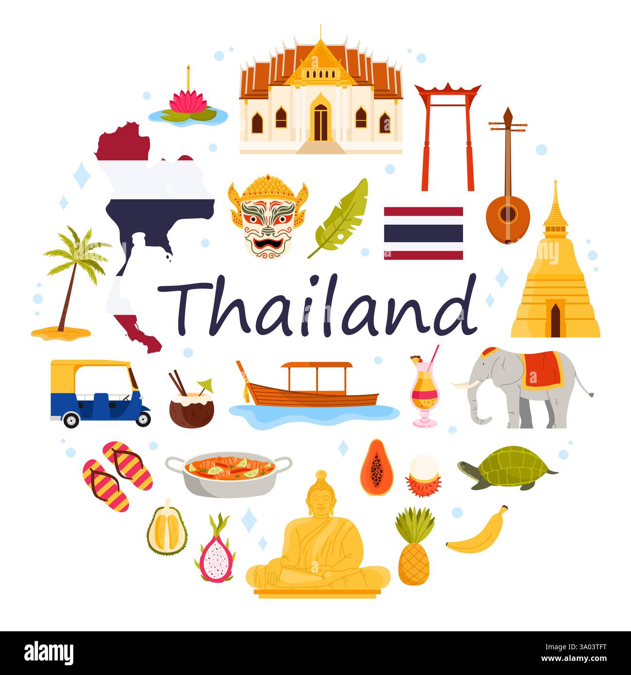 Travel to Thailand, culture elements and landmarks, tourism symbols and ...