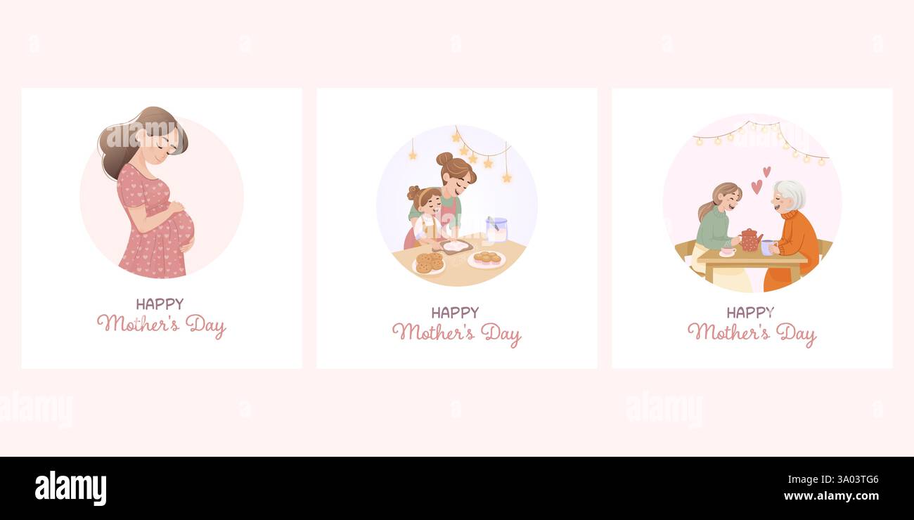 Mothers Day Illustration Set Pregnant Mom Baking with Daughter Tea Time ...