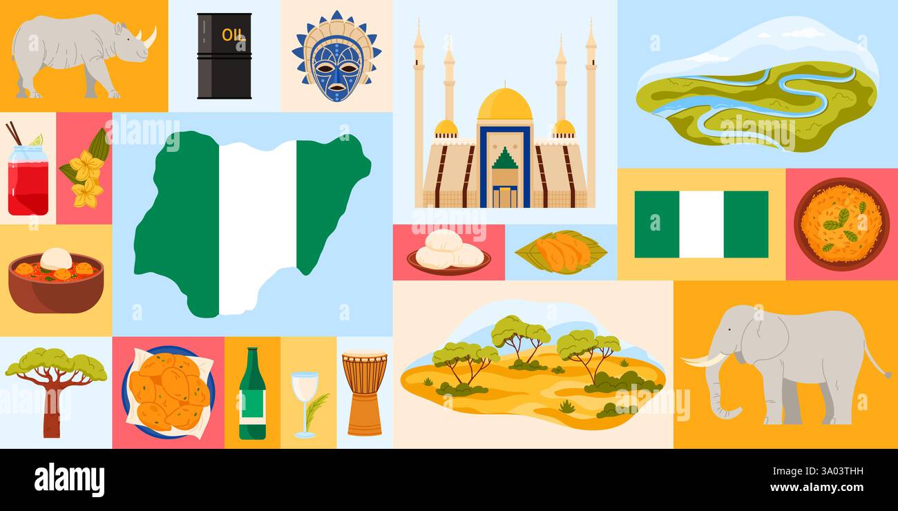 Collage highlighting Nigeria cultural symbols, landmarks, and traditional food. A vibrant ...
