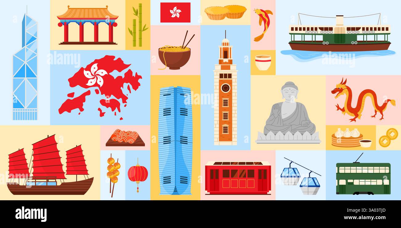 Collage of Hong Kong culture featuring iconic landmarks, traditional food, and local symbols. A ...