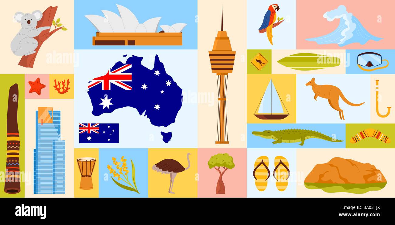 Vector illustration presenting key symbols of Australian culture ...