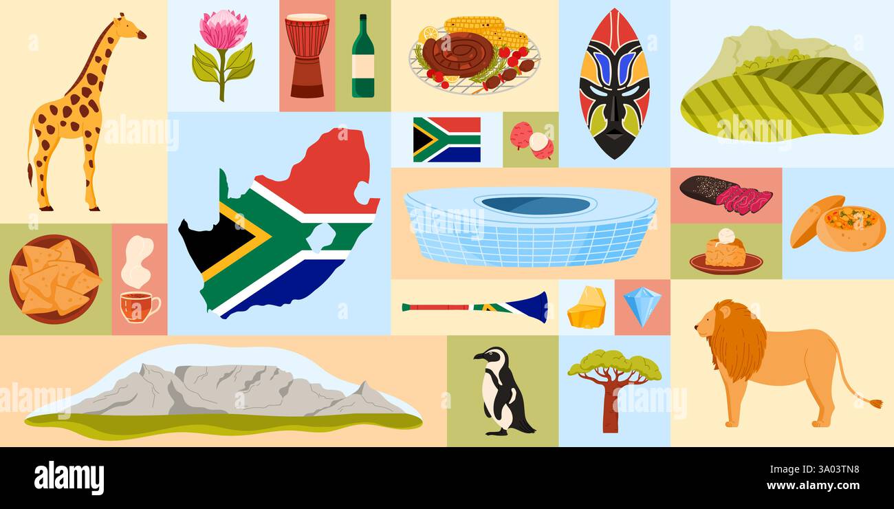 A vibrant collage of South Africa wildlife, cuisine, iconic landmarks ...