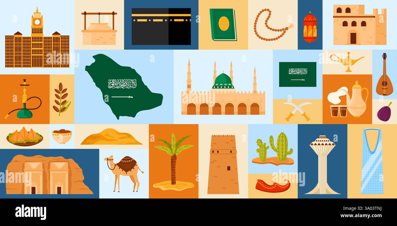 Collage showcasing Saudi Arabia landmarks, cultural symbols, and ...
