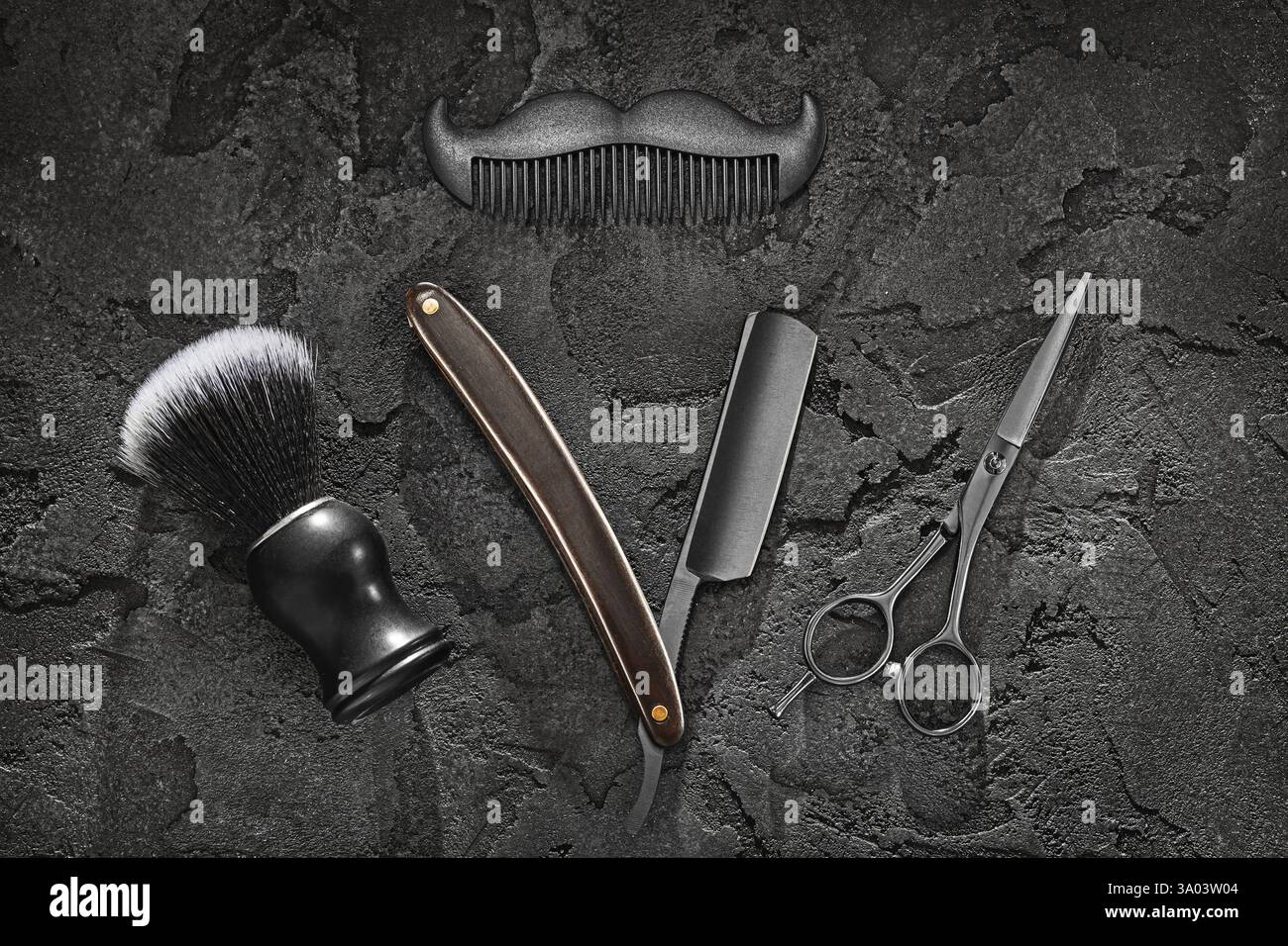 Black Barber Tools. Barber Shop. Shaving Brush Stright Razor Scissors ...