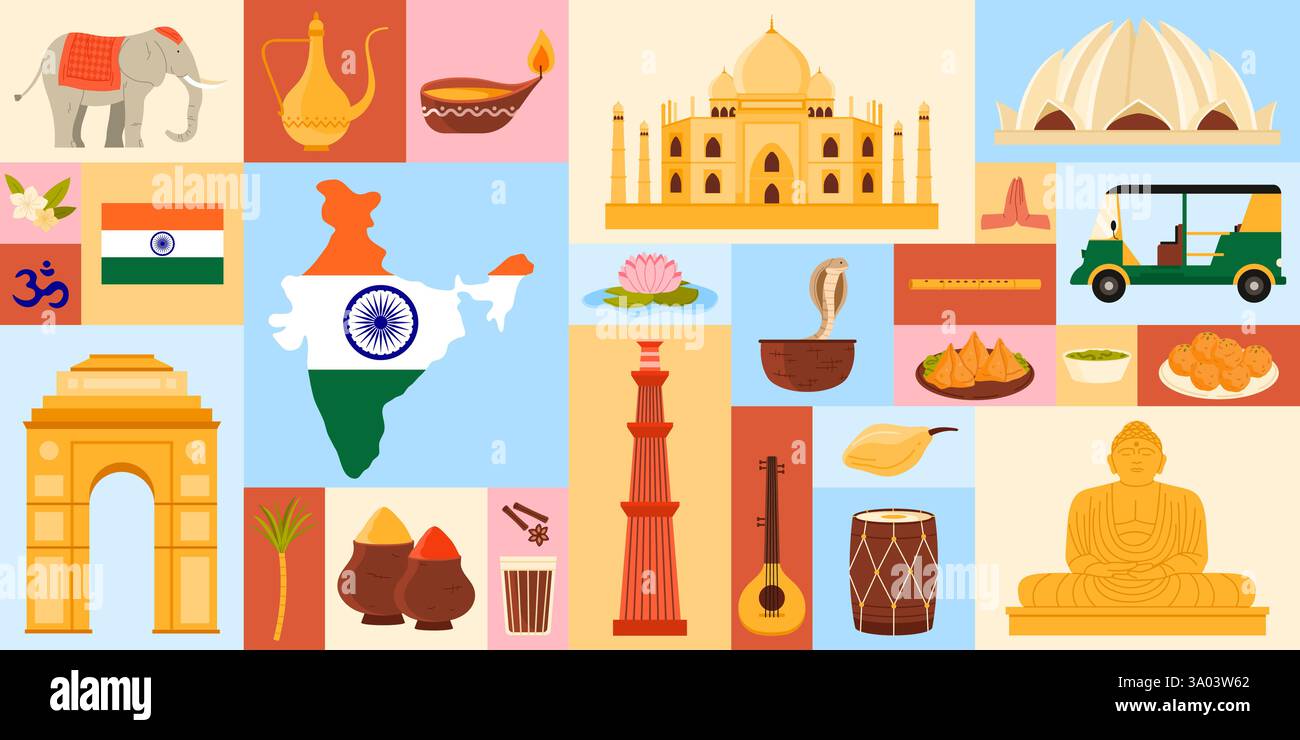 Representation of Indian culture featuring landmarks Taj Mahal ...