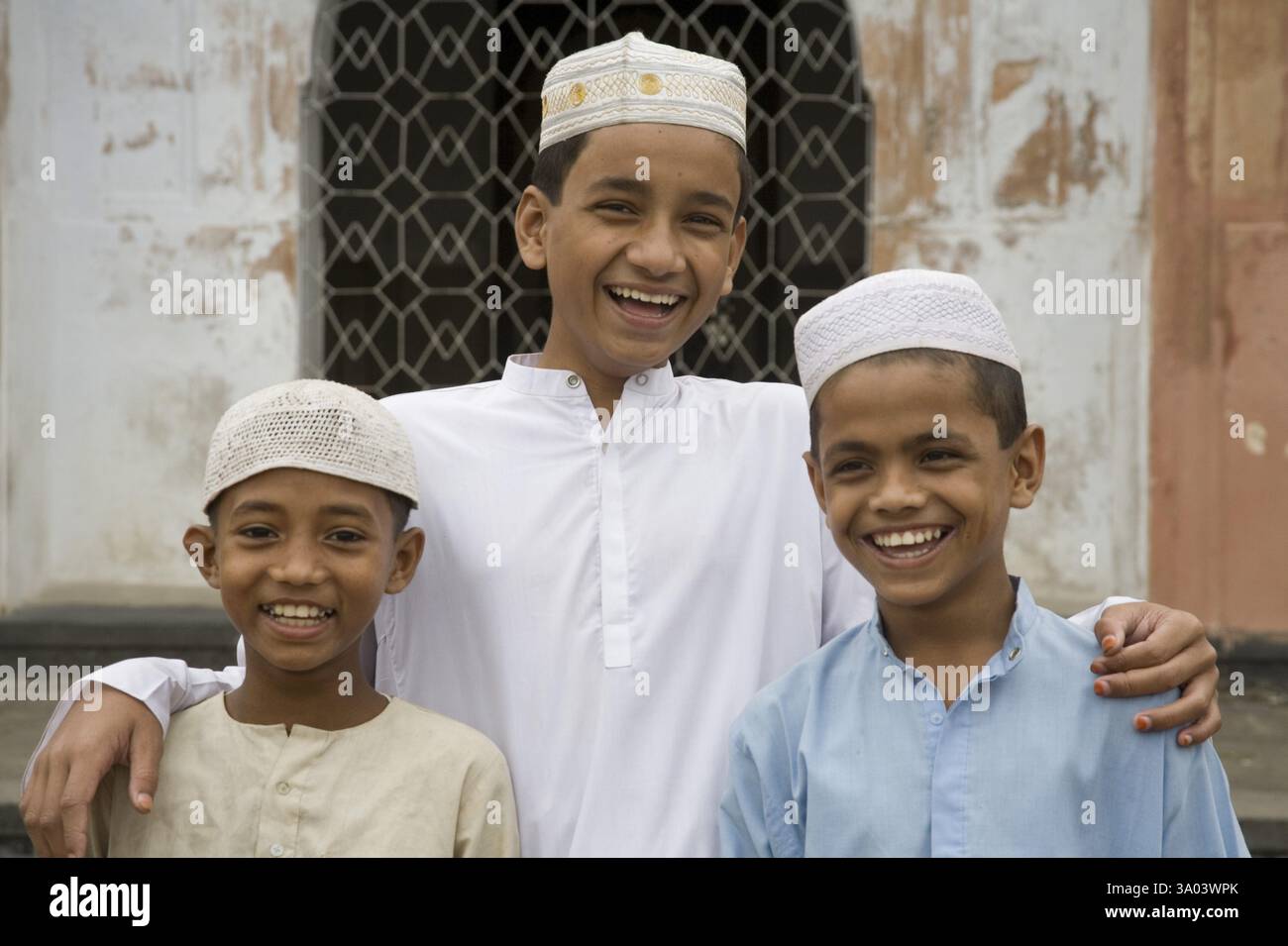 Three Muslim boys smiling, Lalbagh Fort, Dhaka, Bangladesh, Asia Stock ...