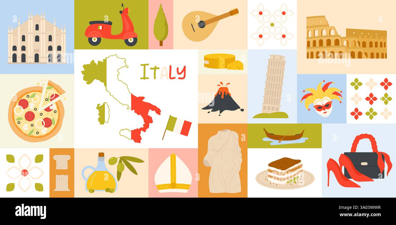 Travel to Italy, geometric color collage design. Cute Italian ancient ...