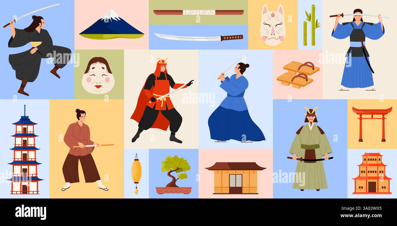 This vibrant and engaging illustration showcases a samurai, along with ...