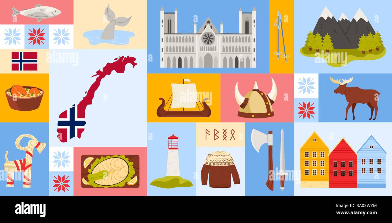 Travel to Norway, geometric infographic banner design with Norwegian ...