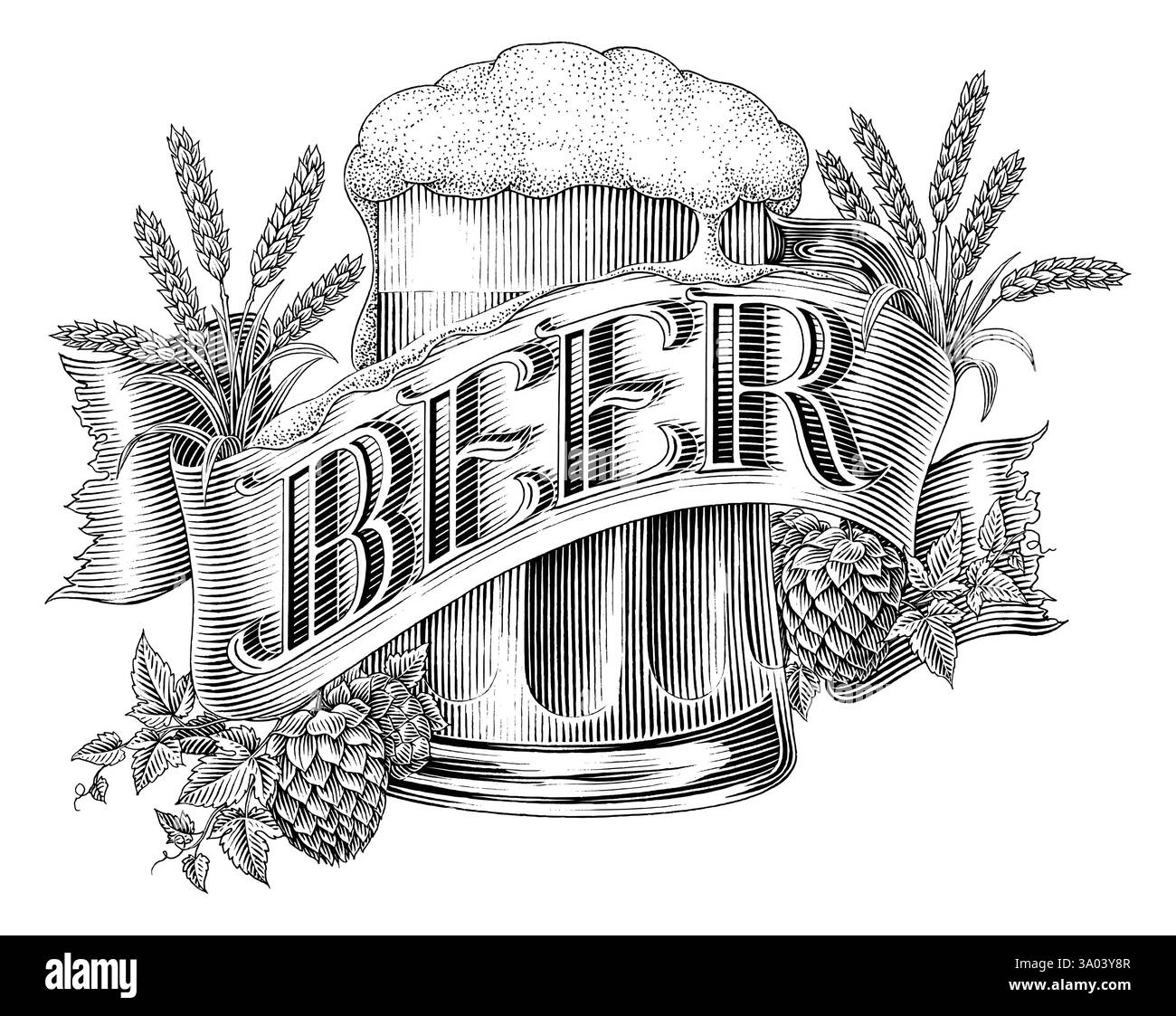Beer logo label hand draw vintage engraving style black and white clip ...