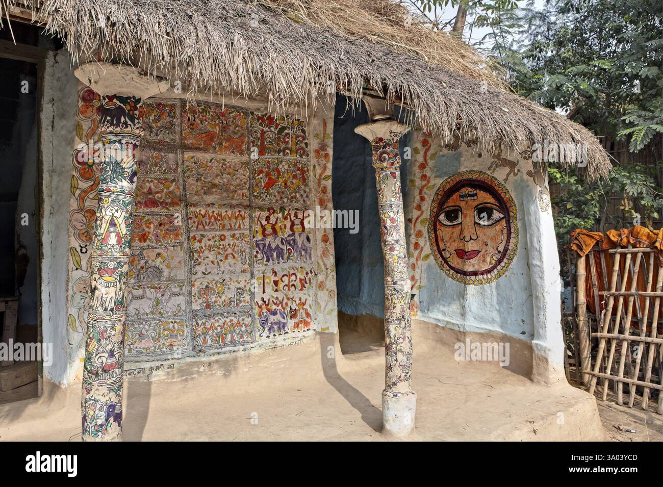 Walls and pillars decorated unique Harijan style of painting Madhubani ...