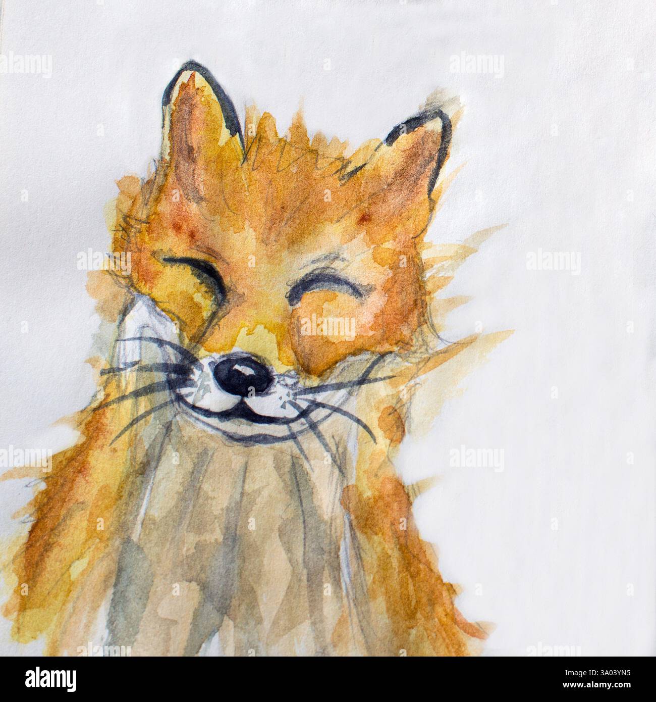 Watercolor. Illustration of golden fox with closed eyes. White ...