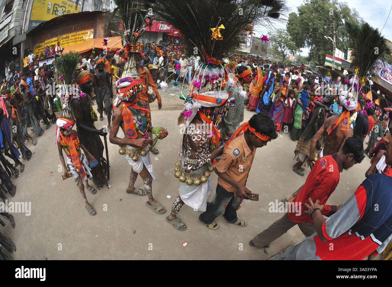 Tribal dancing in holi festival, Kawant, Gujarat, India March-2010 ...