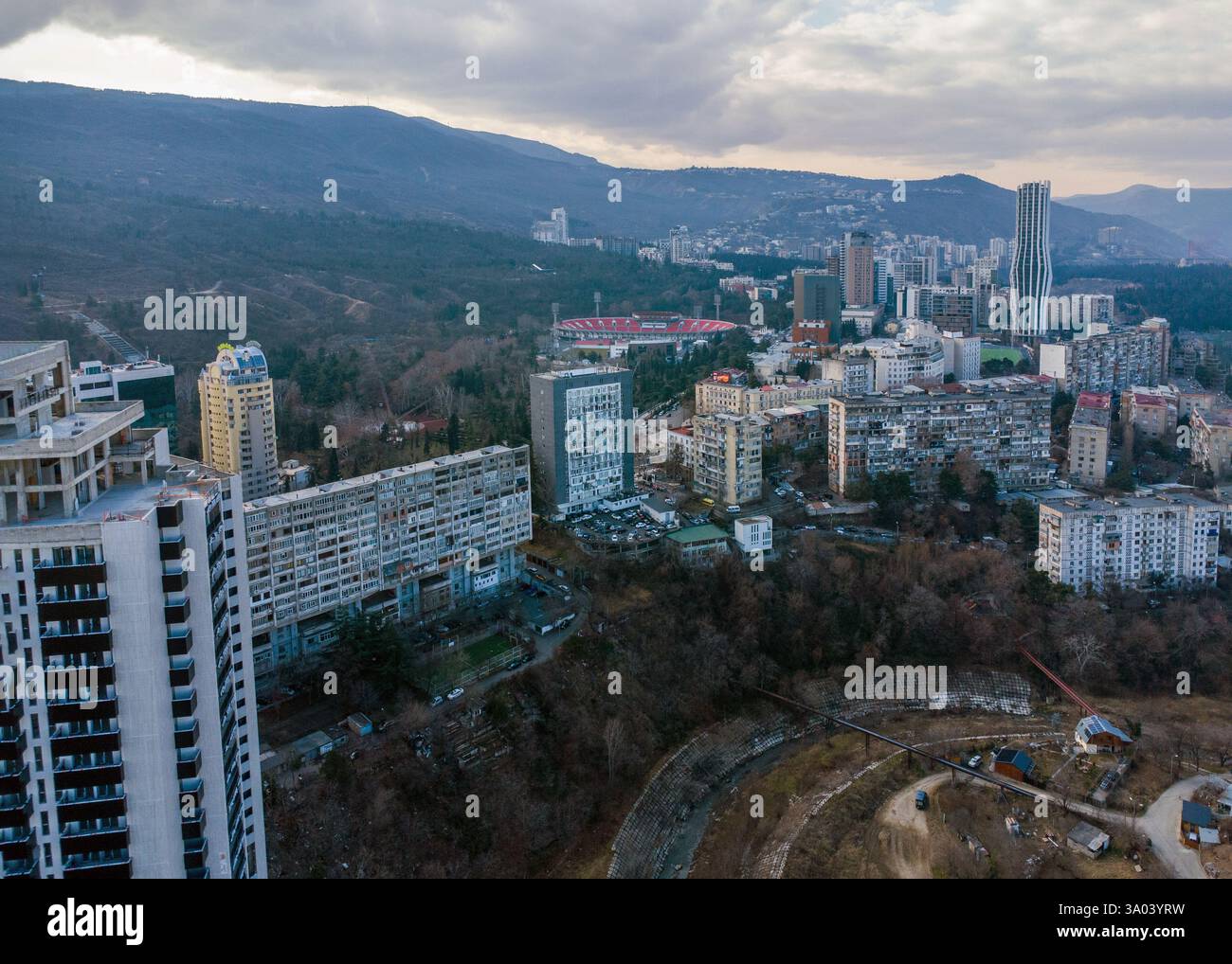 Drone point of view on Vake district and Mikheil Meskhi Stadium (right ...