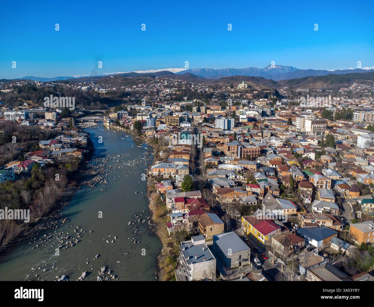 Drone point of view on Centre of Kutaisi and Rioni river. In right part ...