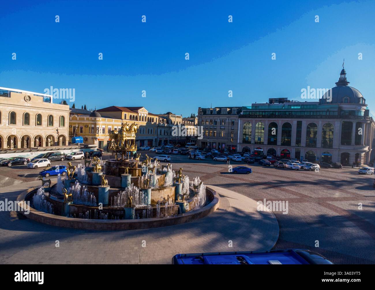 dRONE PANORAMA of Cenrtral square in Kutaisi with colchis fountain in ...