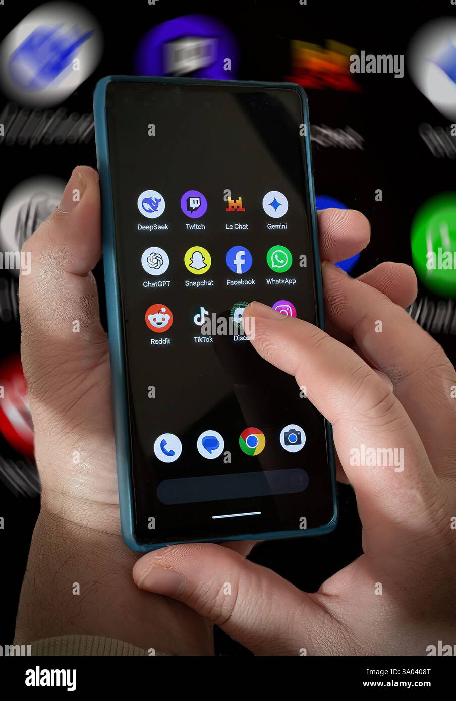 A person interacts with a smartphone displaying multiple media ...