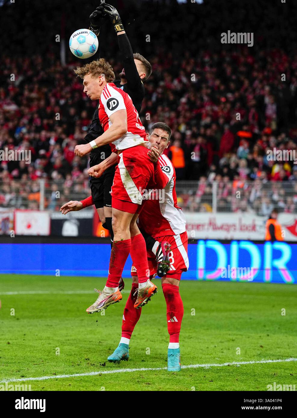 March 02 2025: Timon Weiner of Holstein Kiel and Leopold Querfeld of 1.FC Union Berlin battle ...