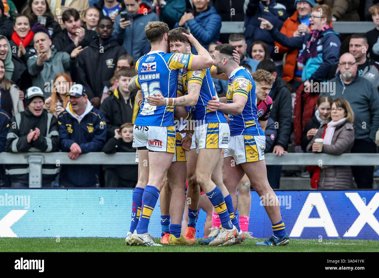 Leeds, UK. 02nd Mar, 2025. Riley Lumb of Leeds Rhinos celebrates his ...